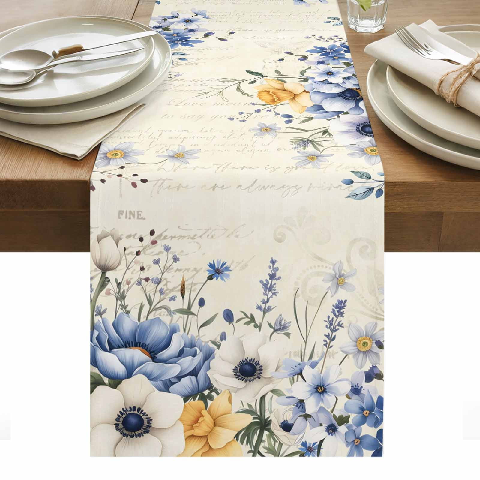 Blue Flowers Table Runner 13 x 36 Inch, Eucalyptus Leaves Farmhouse ...