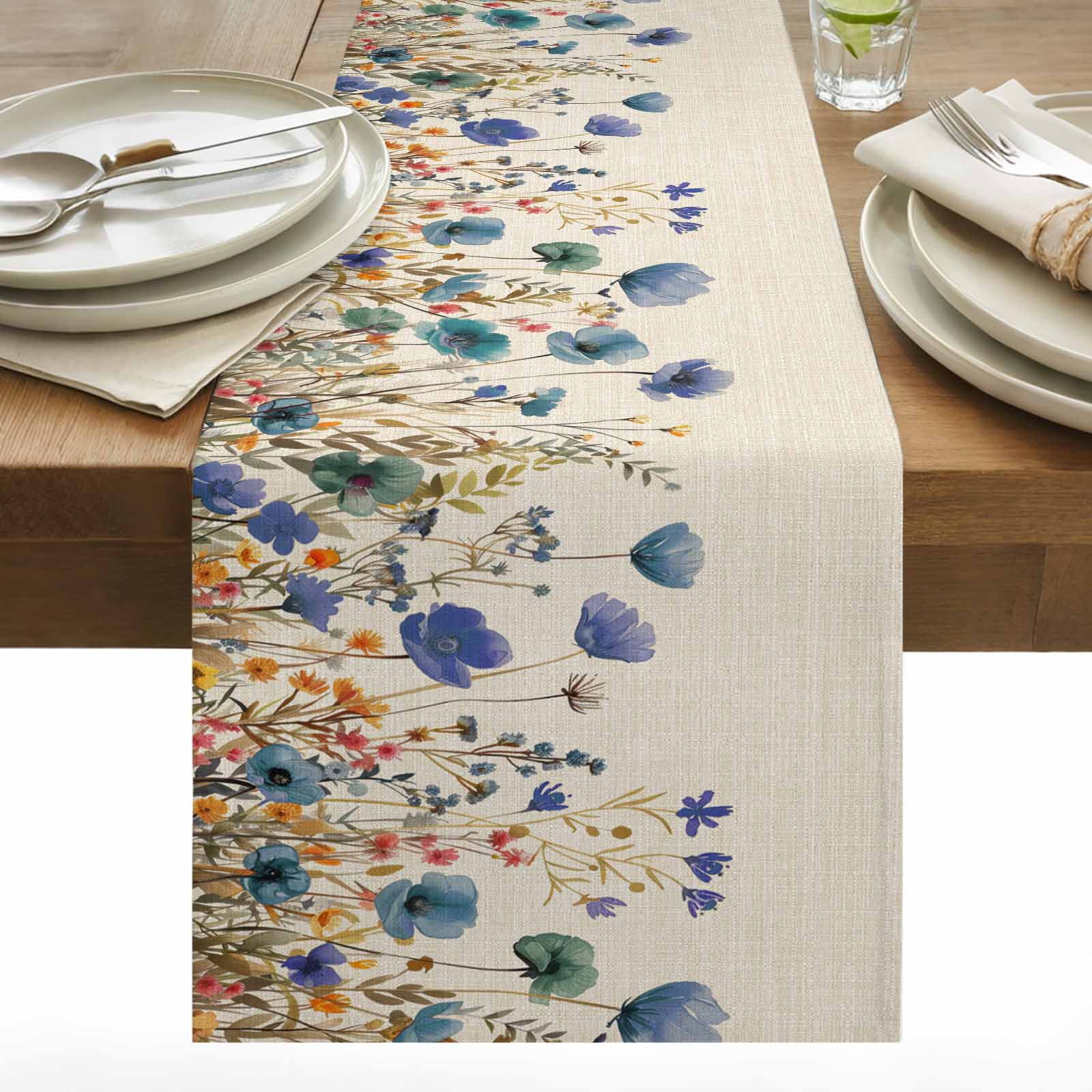 Blue Flowers Table Runner 13x120 inch Plants Watercolor Floral Retro ...