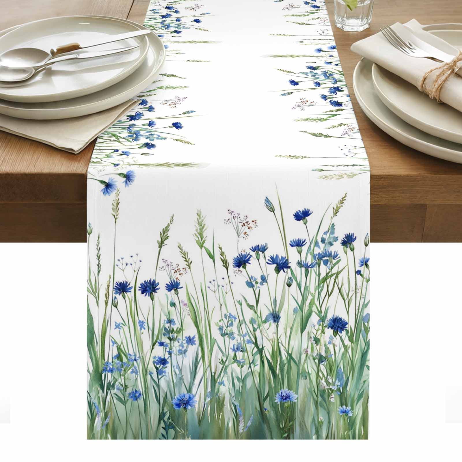 Blue Flowers Table Runner 14 x 72 Inch, Green Leaves Grass Spring Plant ...