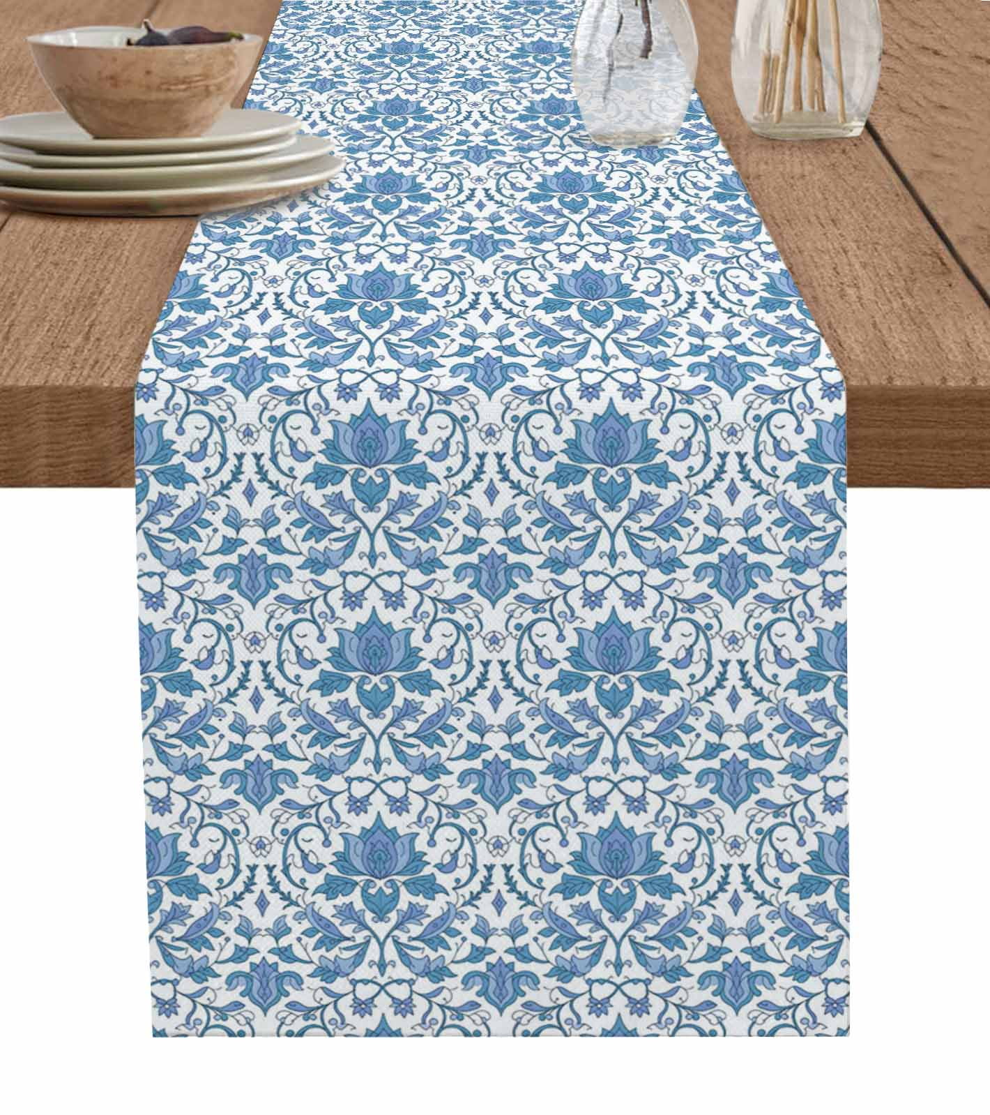 Blue Flowers Table Runner 36 Inches, Boho Ethnic Middle Century Floral ...