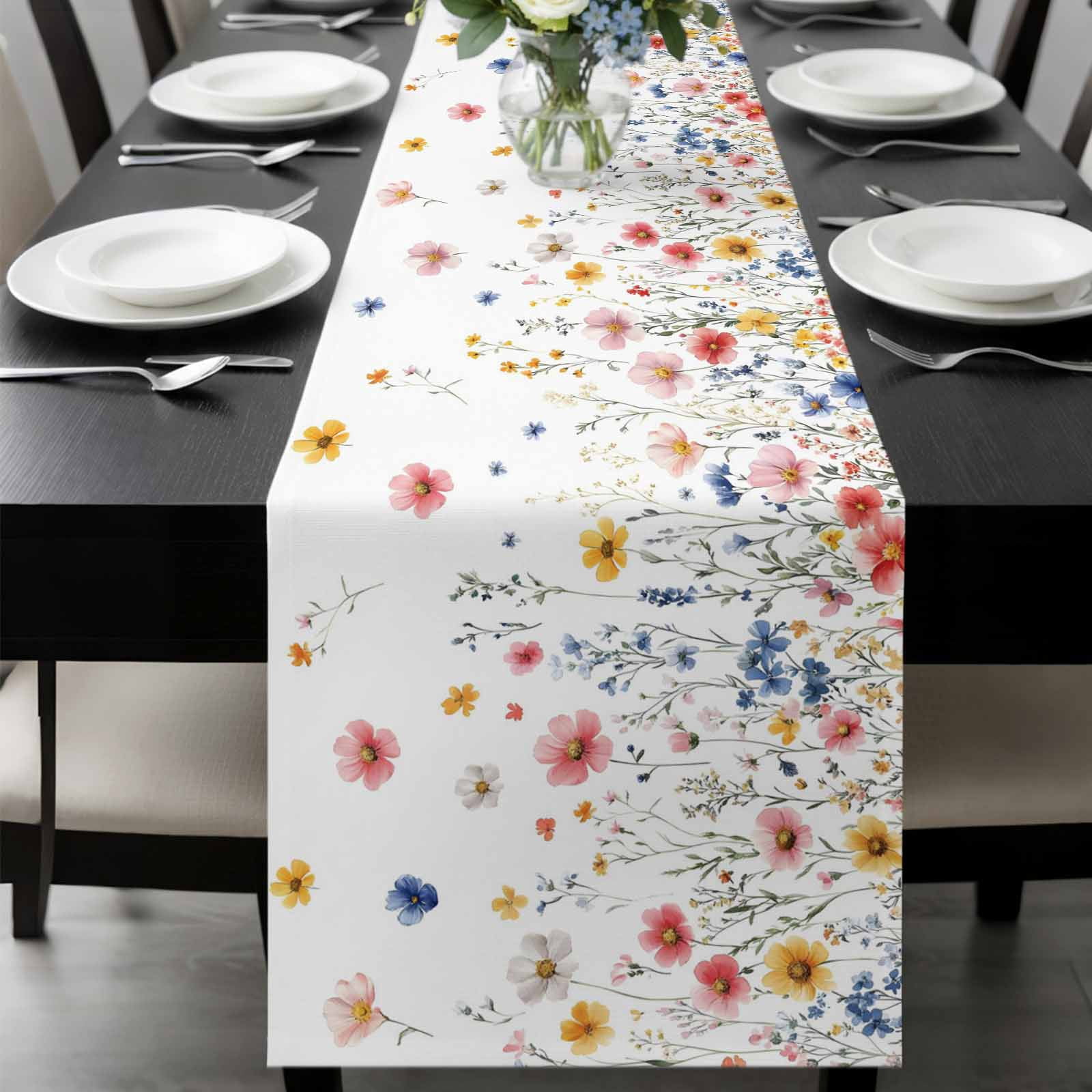 Blue Flowers Table Runner 48 Inches Long, Pink Watercolor Botanical ...