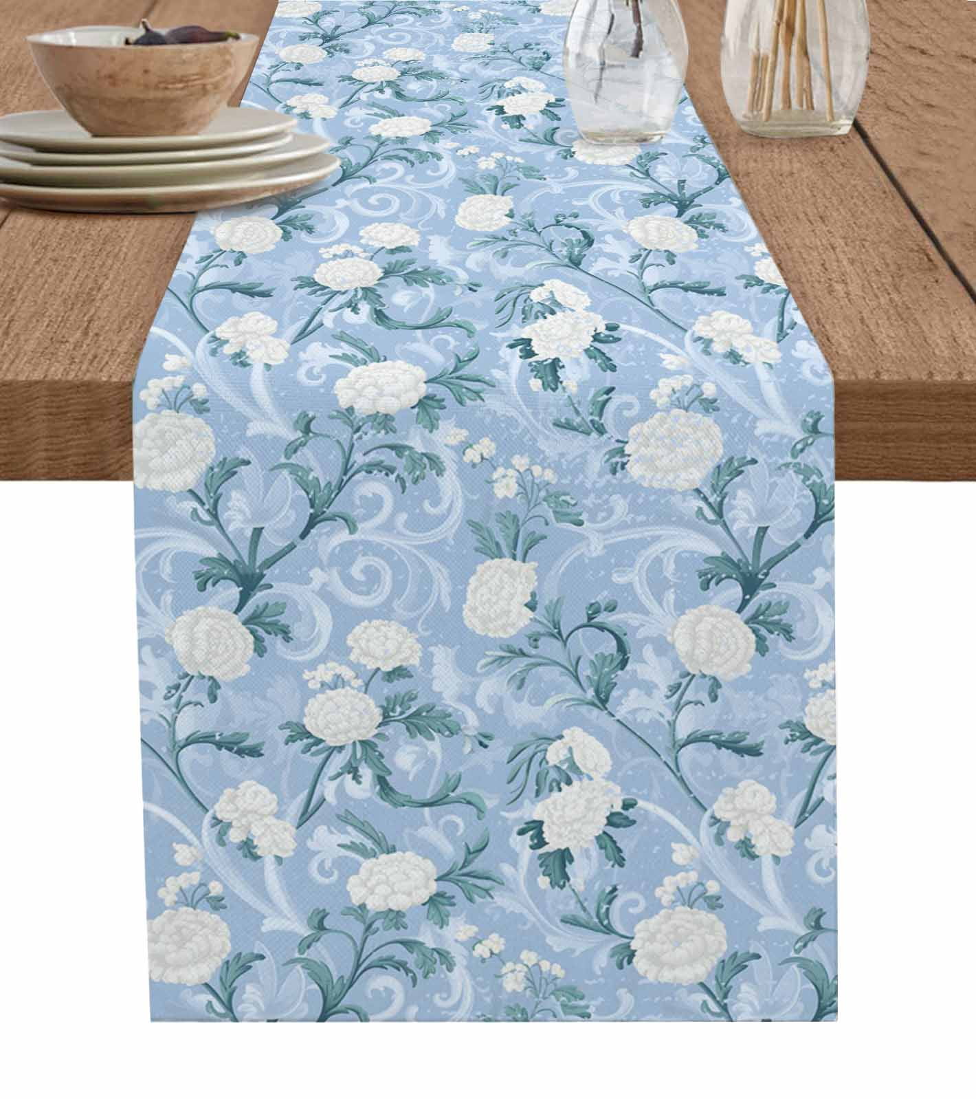 Blue Flowers Table Runner 60 Inches, Farmhouse Botanical White Floral ...