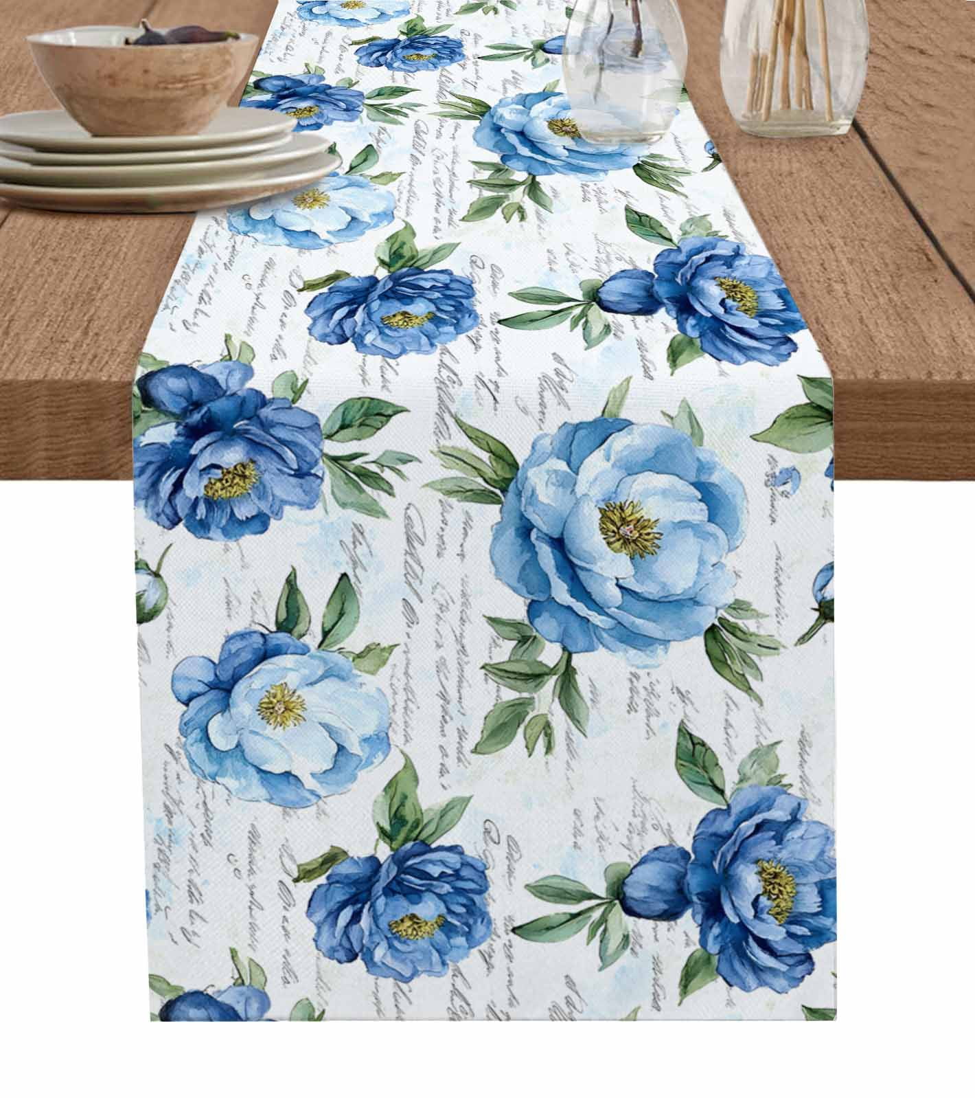 Blue Flowers Table Runner 60 Inches, Simple Farmhouse Botanical Floral ...