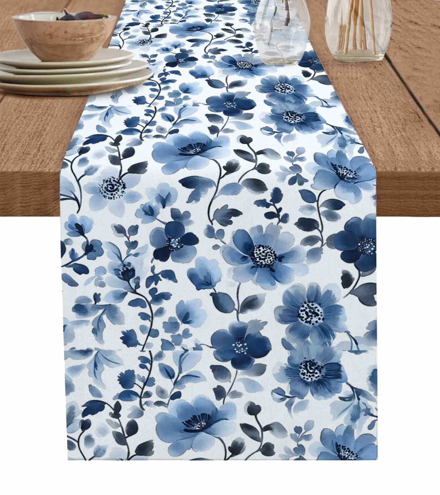 Blue Flowers Table Runner 60 Inches, Spring Rustic Watercolor Floral ...