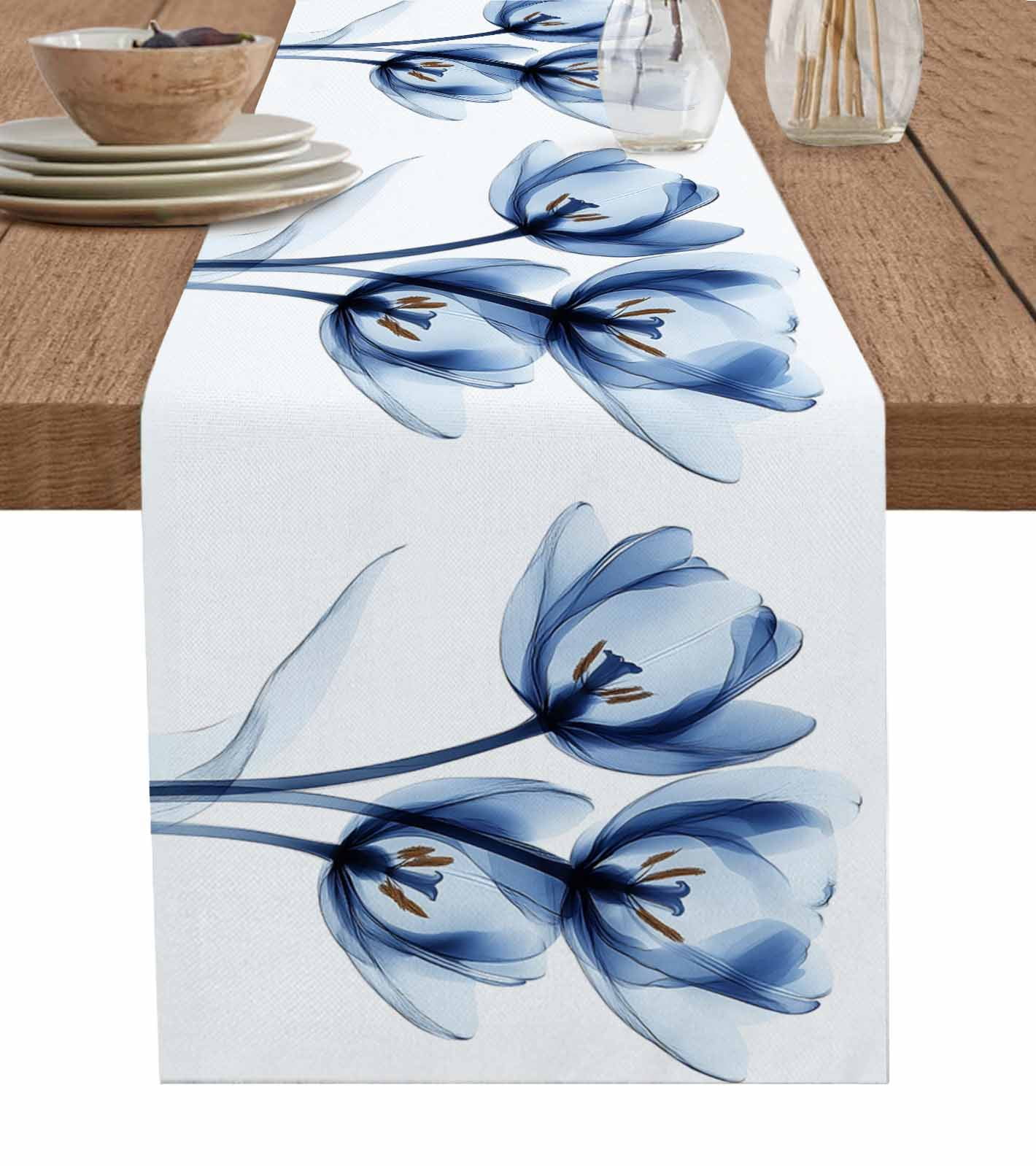 Blue Flowers Table Runner 70 Inches, Botanical Ombre Tulip Floral ...