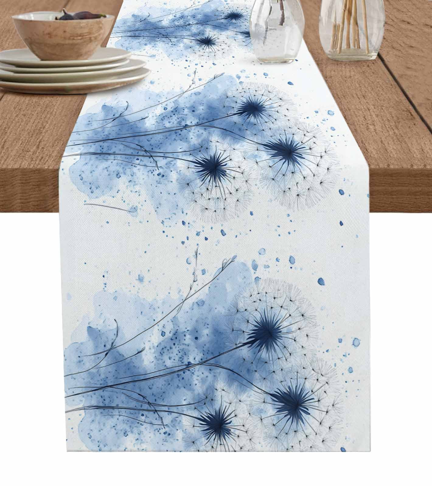 Blue Flowers Table Runner 70 Inches, Modern Minimalism Spring Abstract ...