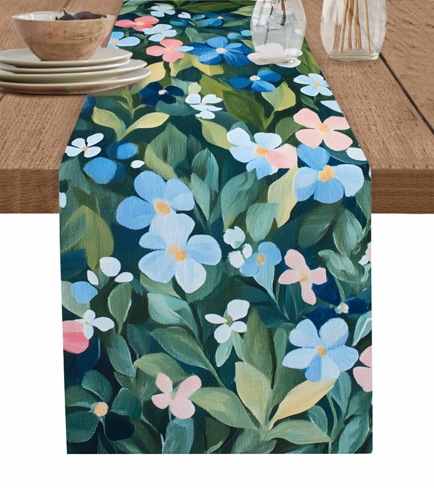Blue Flowers Table Runner 72 Inches, Country Botanical Floral Leaves ...
