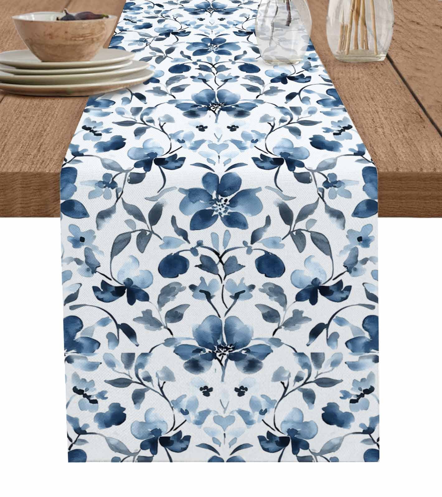 Blue Flowers Table Runner 72 Inches, Farmhouse Watercolor Spring Floral ...