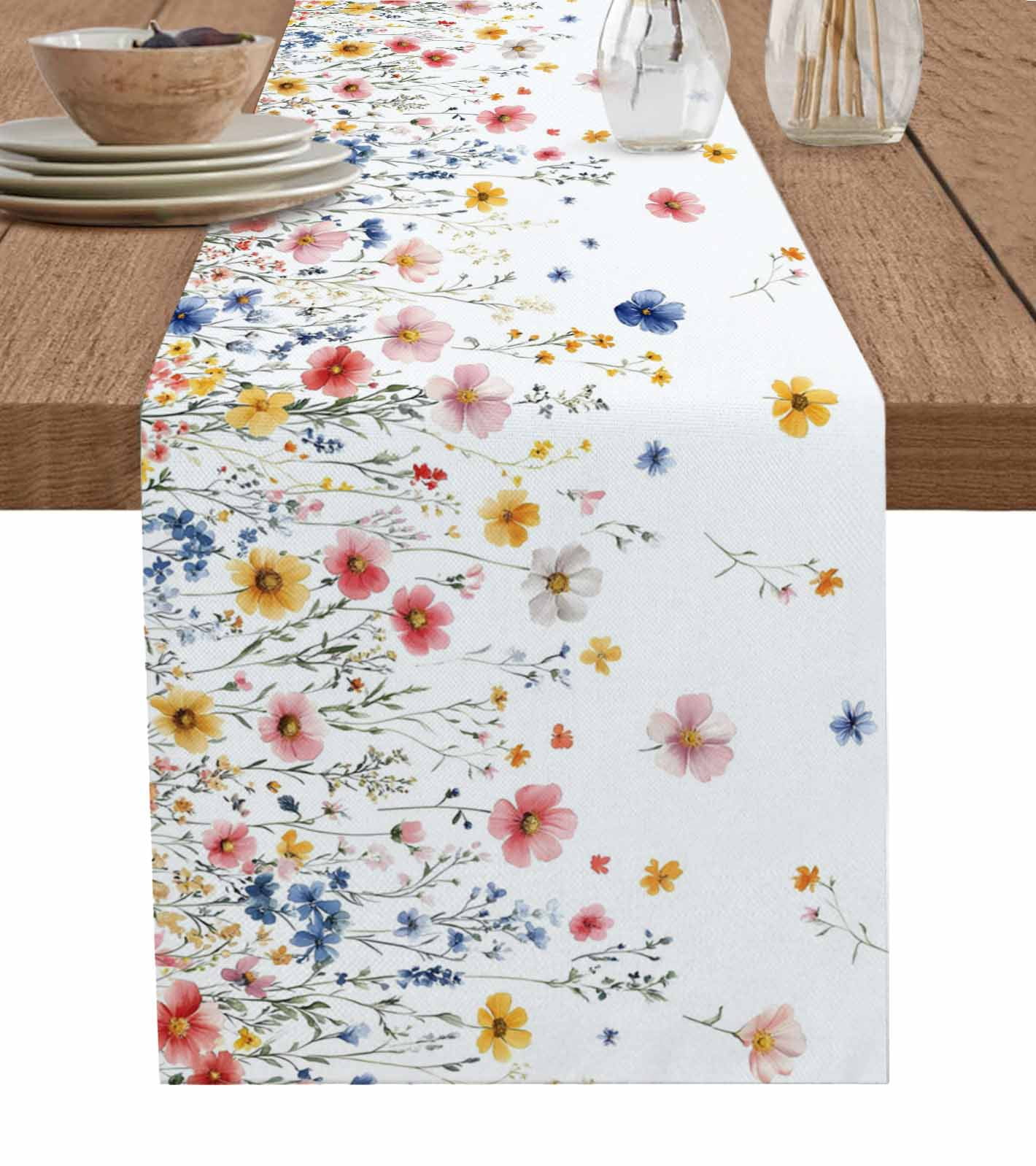 Blue Flowers Table Runner 72 Inches, Pink Watercolor Botanical Garden ...