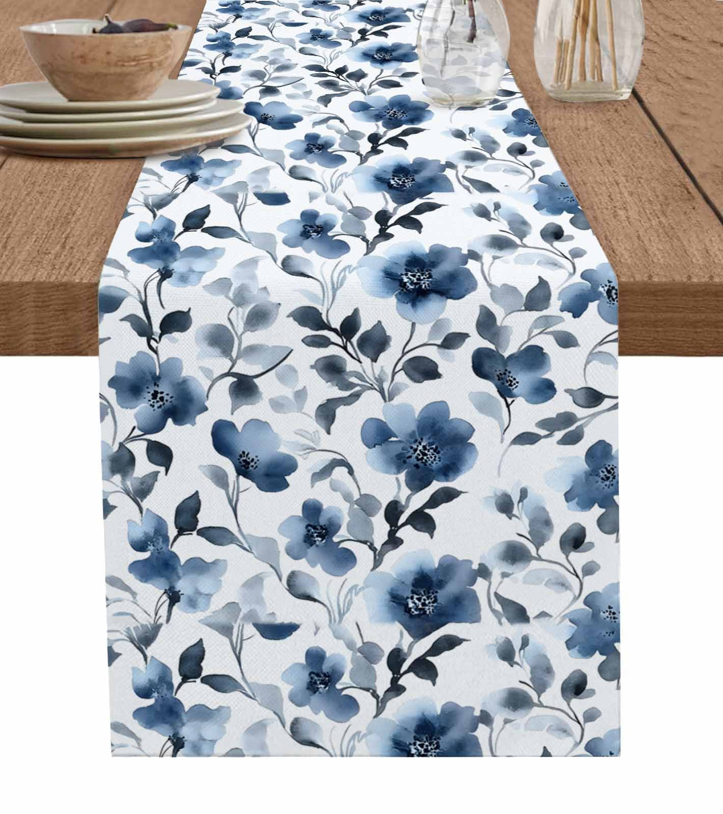Blue Flowers Table Runner 72 Inches, Retro Watercolor Rustic Spring ...