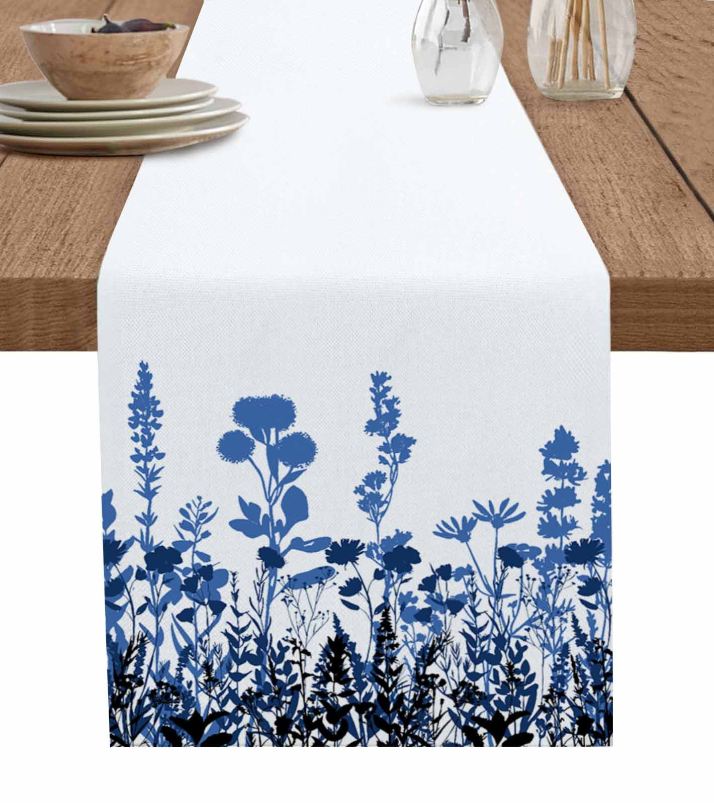 Blue Flowers Table Runner 72 Inches, Simple Spring Ombre Botanical ...