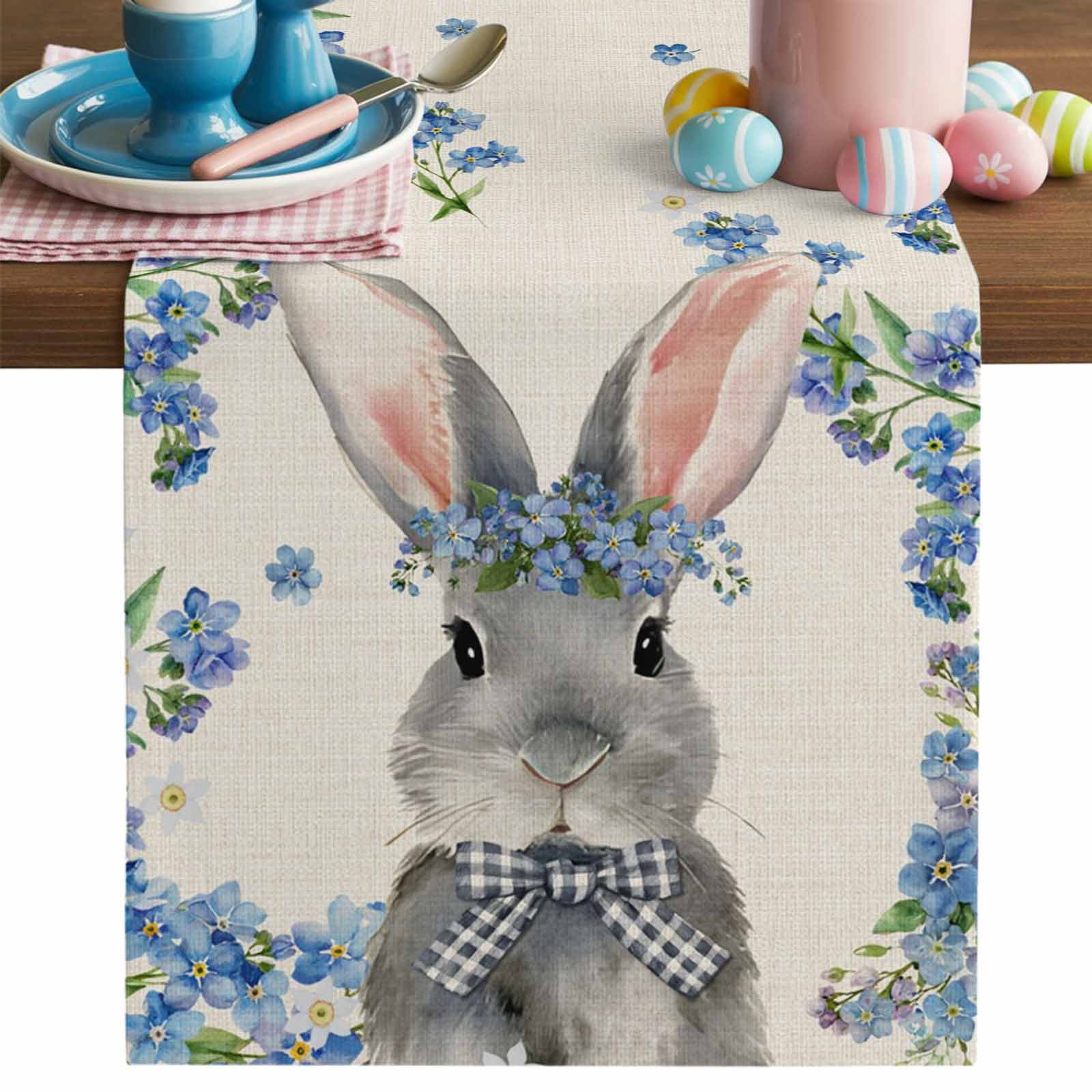 Blue Flowers Table Runner, Easter Rabbits Vintage Linen Spring Plant ...