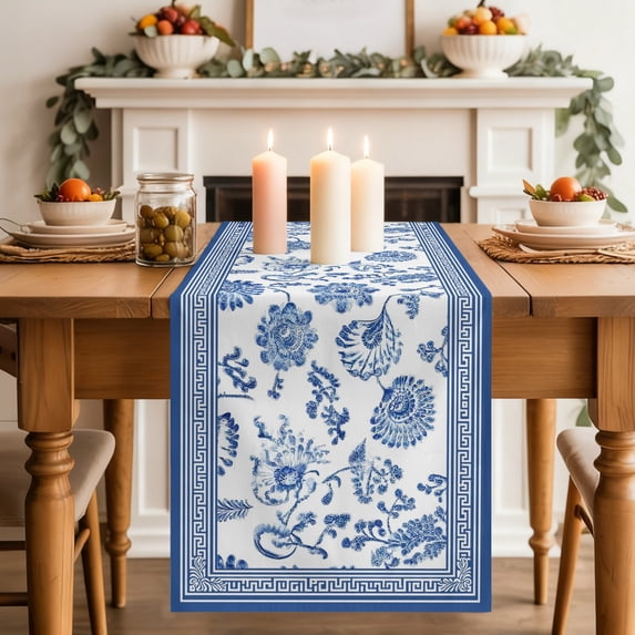 Blue Flowers Table Runner, Floral Geometric Classic Traditional Border ...