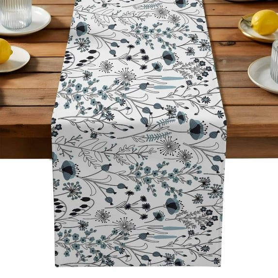 Blue Flowers Table Runner, Floral Leaf Plants Kitchen Table Runners ...