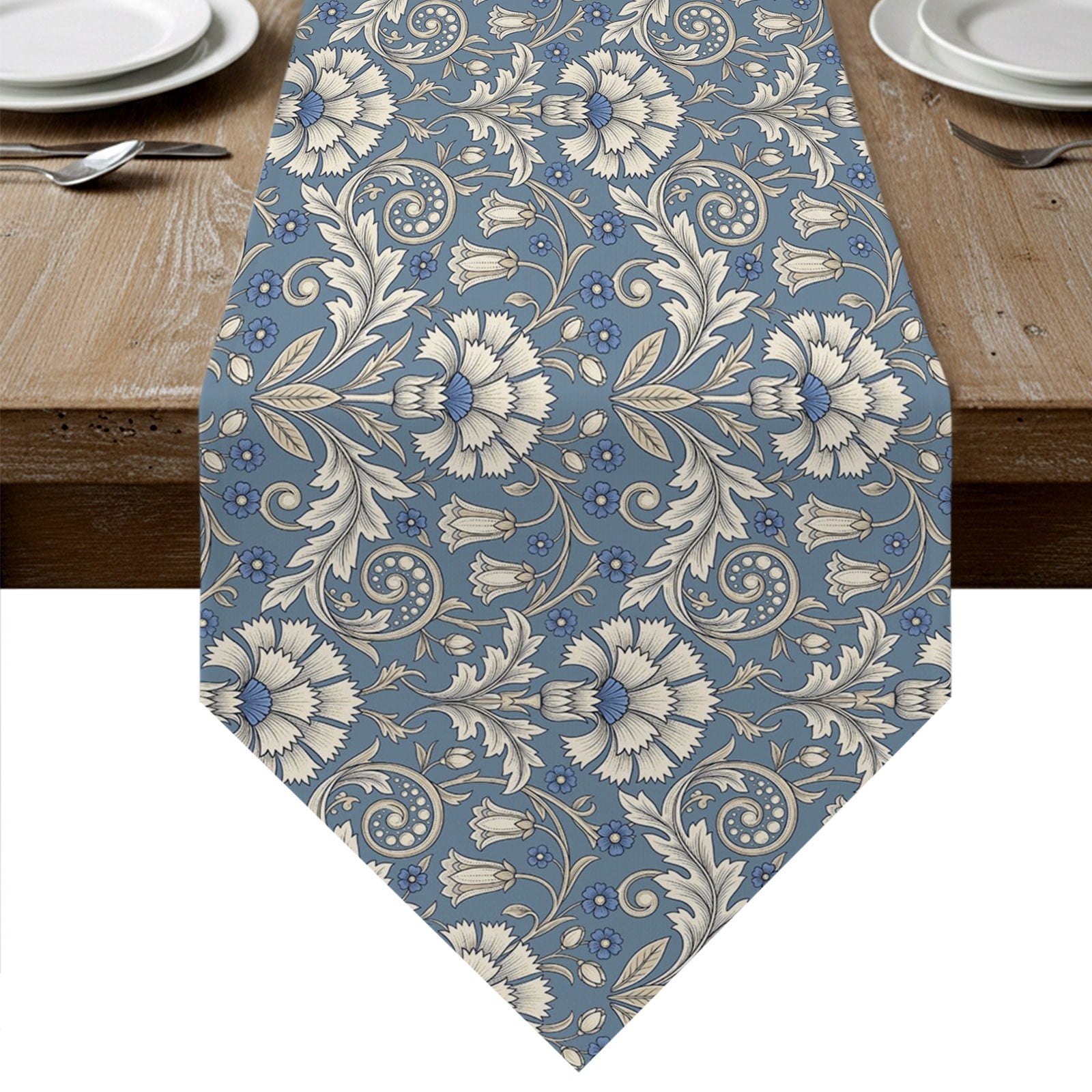 Blue Flowers Table Runner Linen Burlap Table Runner 120 Inches Long ...