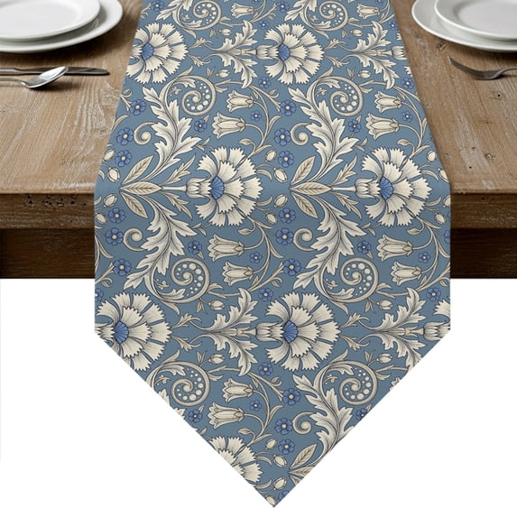 Blue Flowers Table Runner Linen Burlap Table Runner 120 Inches Long ...