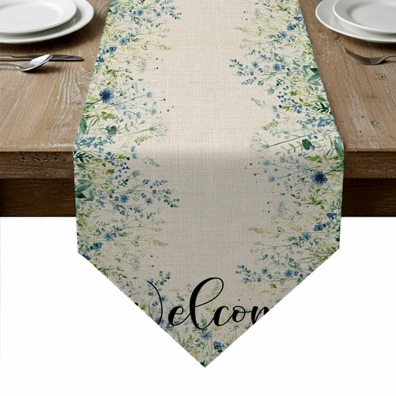Blue Flowers Table Runner Linen Burlap Table Runner 120 Inches Long ...