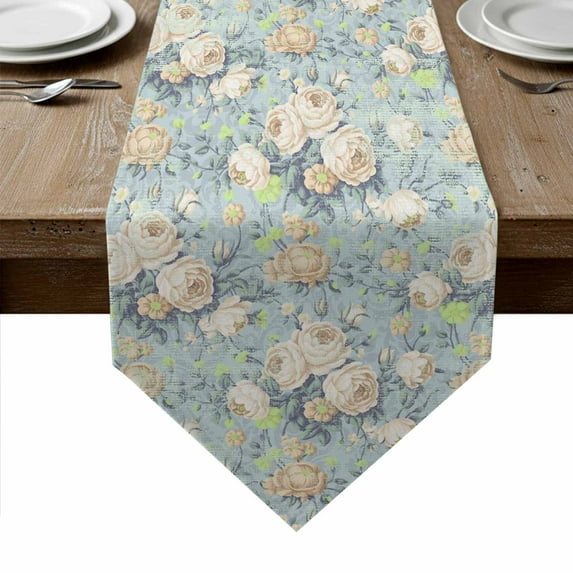 Blue Flowers Table Runner Linen Burlap Table Runner 60 Inches Long ...