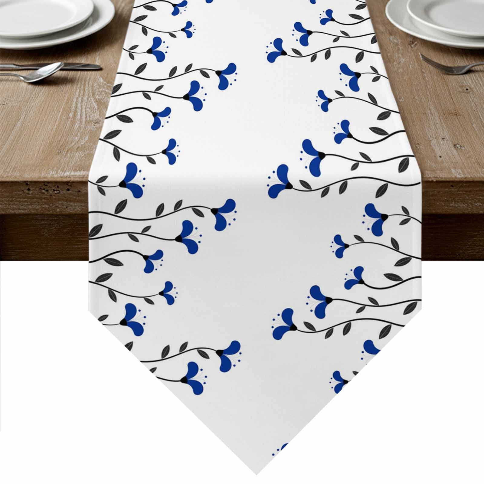 Blue Flowers Table Runner Linen Burlap Table Runner 60 Inches Long ...