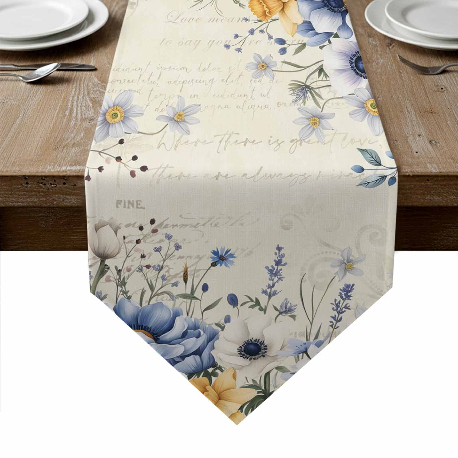 Blue Flowers Table Runner Linen Burlap Table Runner 70 Inches Long ...