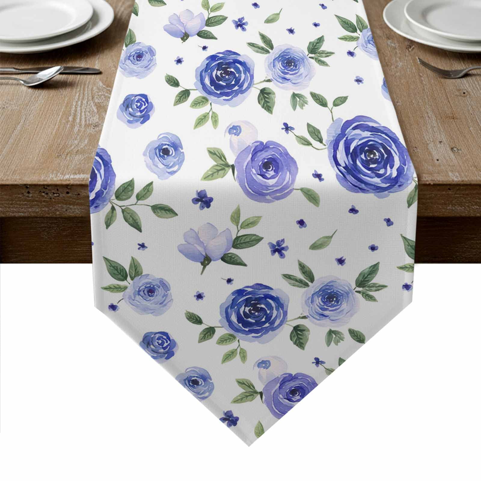 Blue Flowers Table Runner Linen Burlap Table Runner 70 Inches Long ...