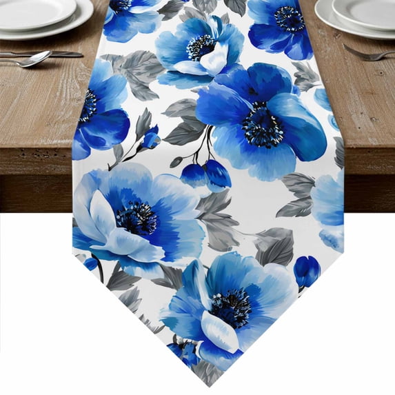 Blue Flowers Table Runner Linen Burlap Table Runner 72 Inches Long ...