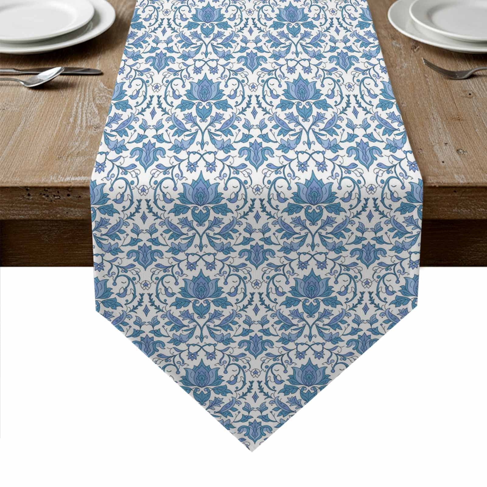 Blue Flowers Table Runner Linen Burlap Table Runner 90 Inches Long Boho ...