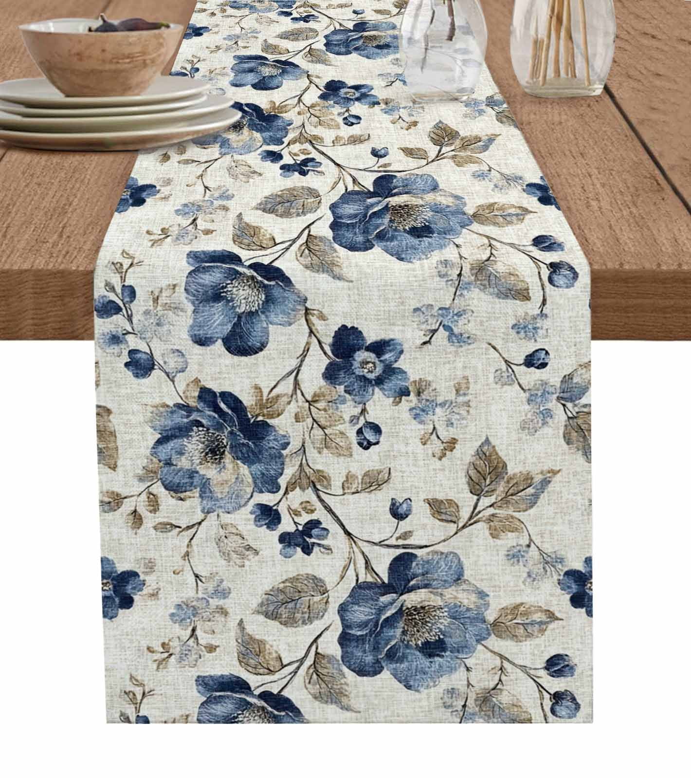 Blue Flowers Table Runner Vintage Flowers Brown Leaves Watercolor ...
