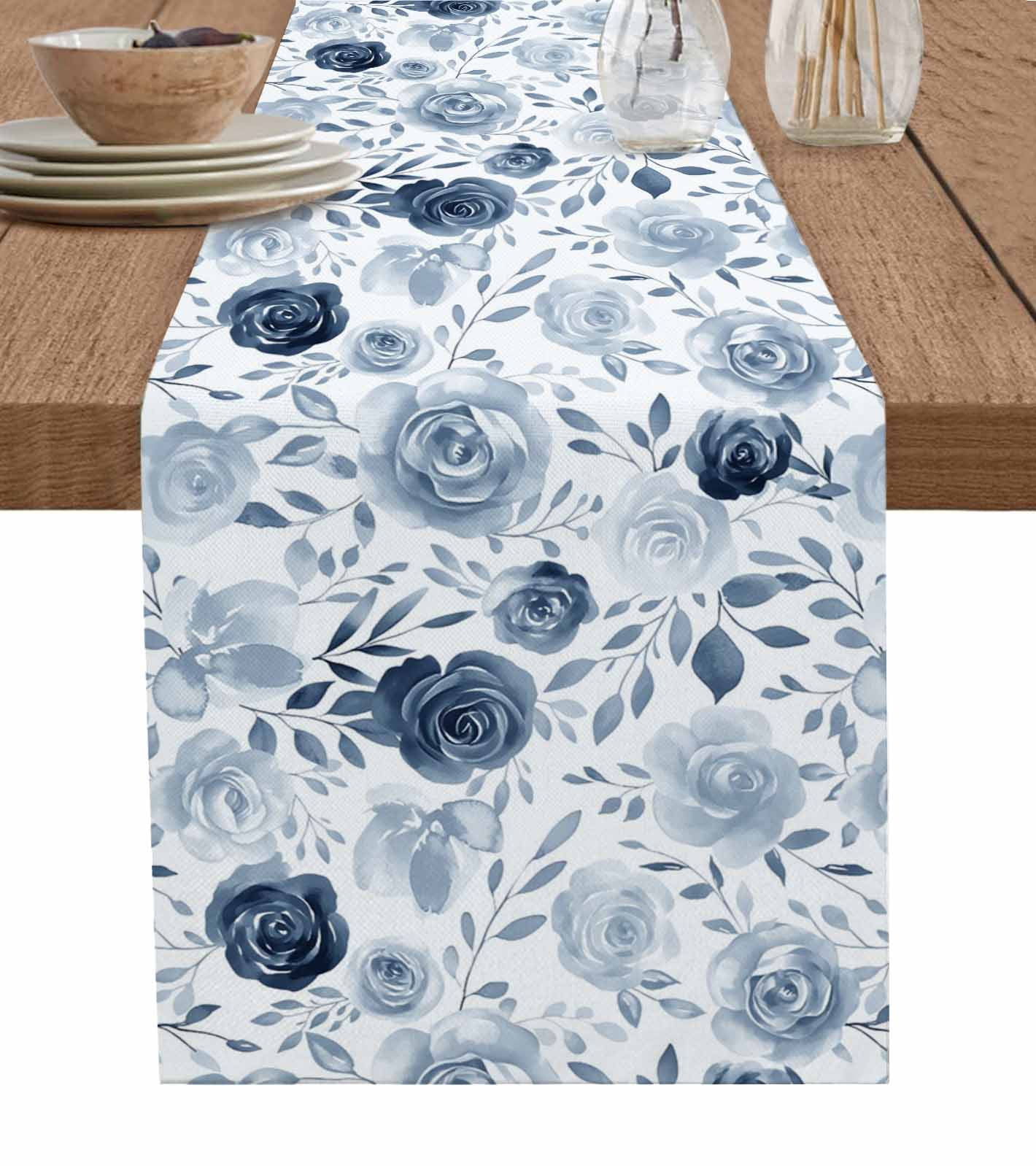 Blue Flowers Table Runner Watercolor Rustic Retro Floral Leaf Vines ...
