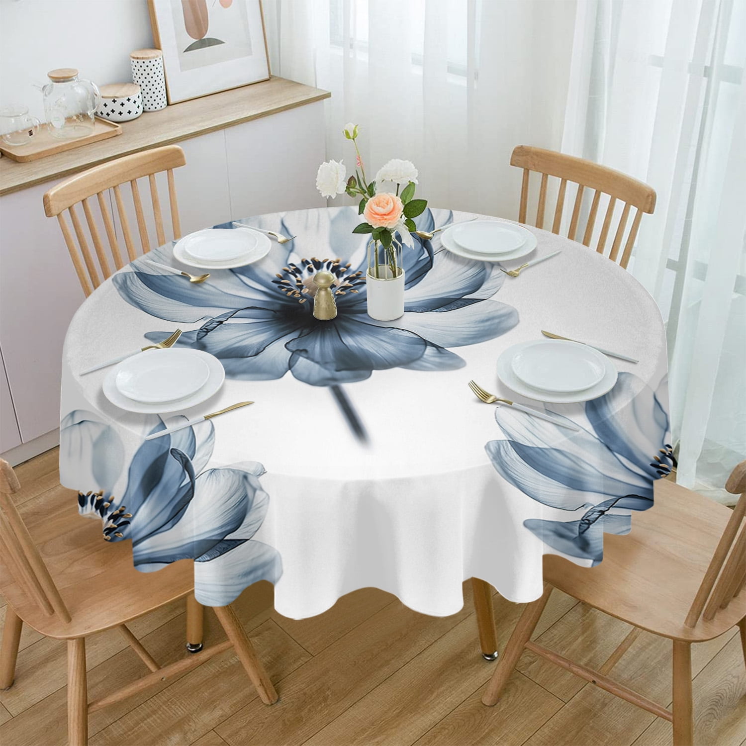 Blue Flowers Tablecloths for Dining Table Waterproof Round Table Cover ...