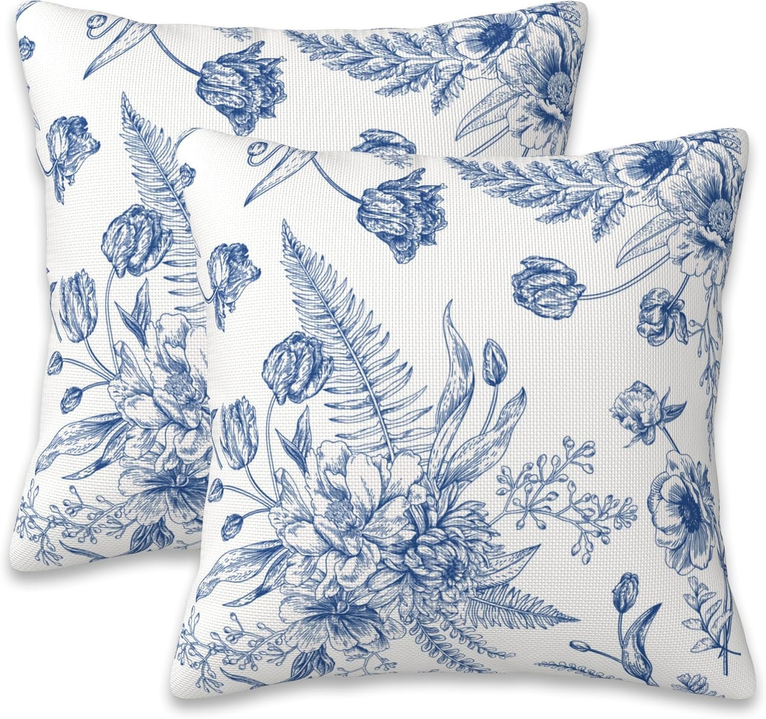 Blue Flowers Throw Pillow Covers Set of 2 Peony and Ferns Pillow Covers ...