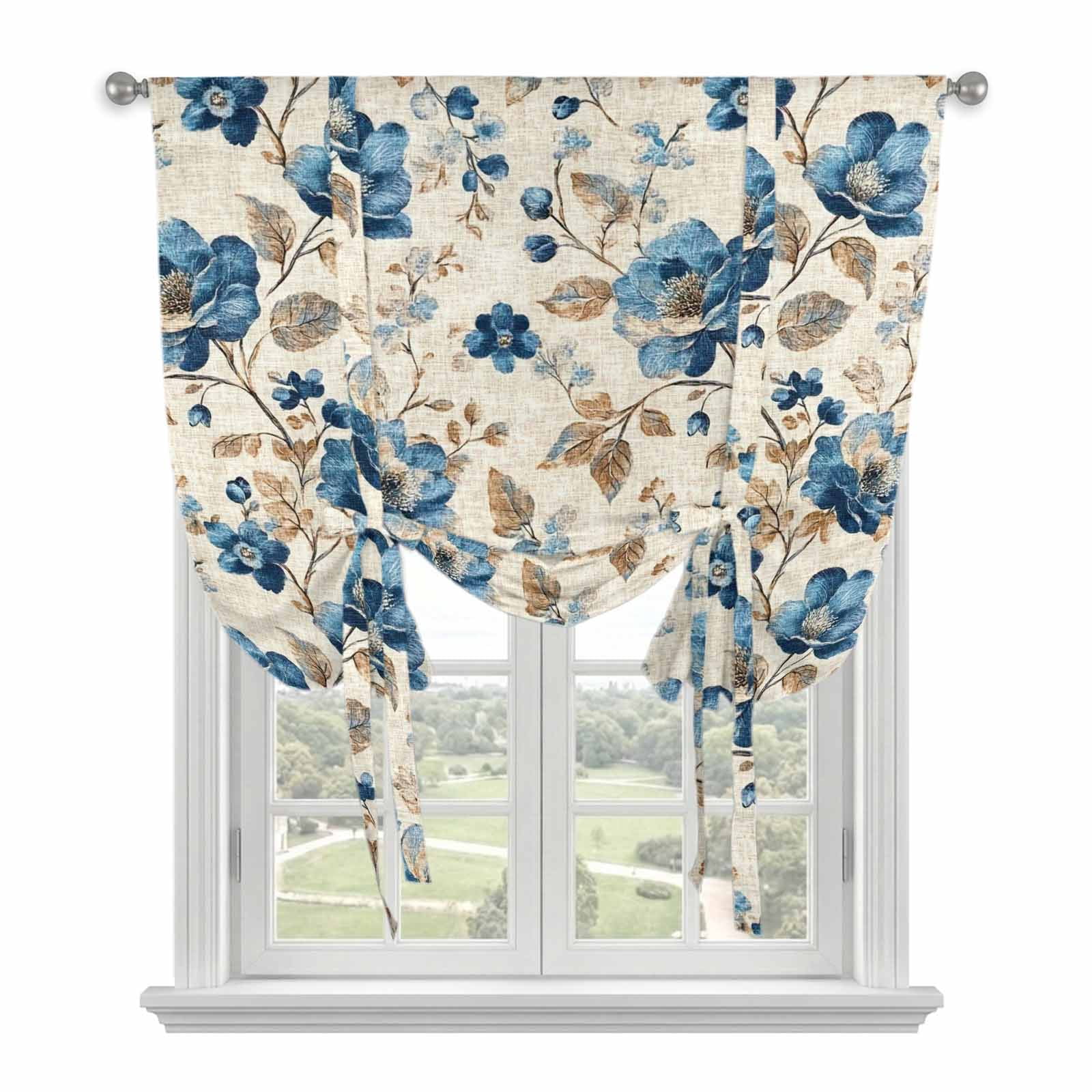 Blue Flowers Tie Up Curtains for Window, Insulated Balloon Shade ...