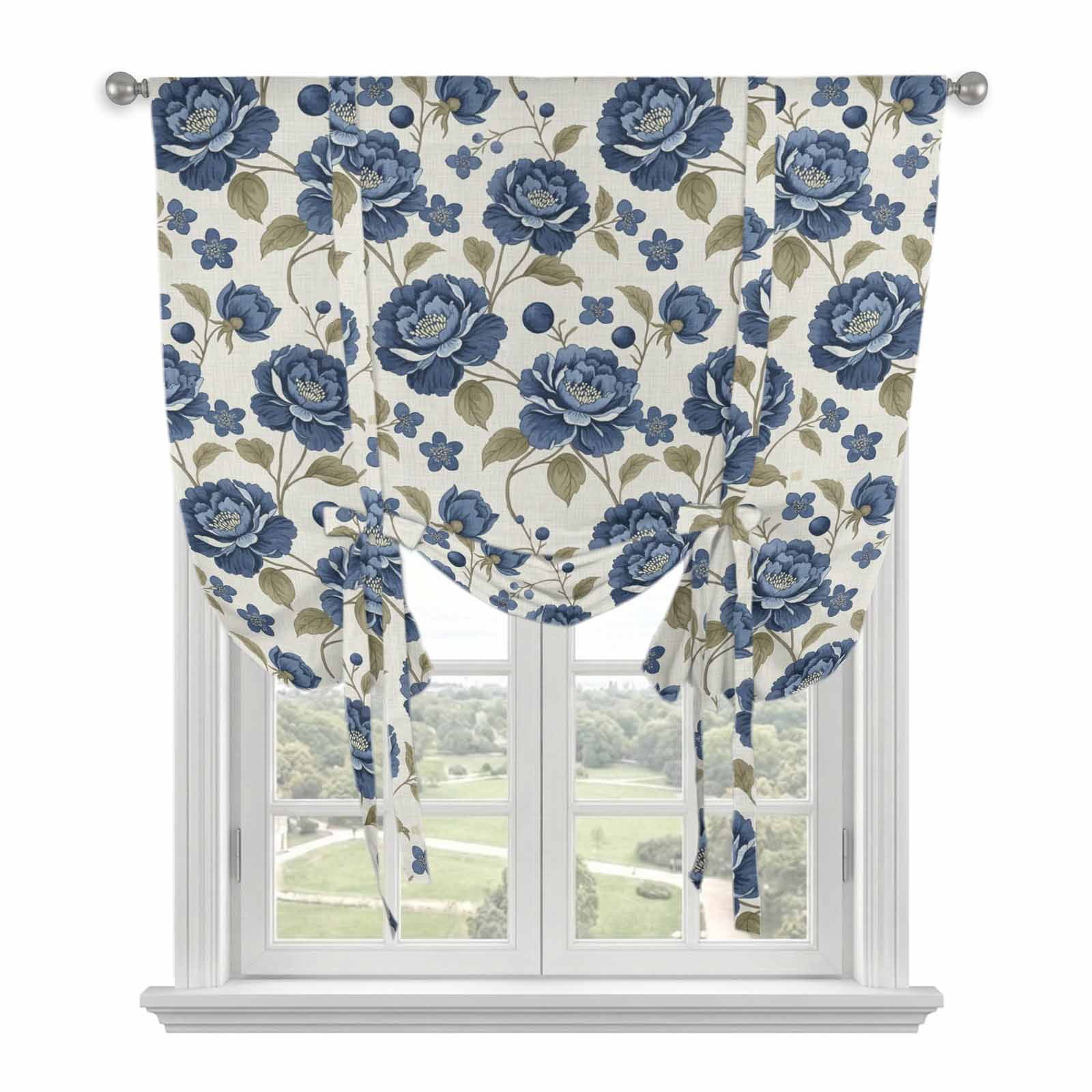 Blue Flowers Tie Up Curtains for Window, Thermal Insulated Balloon ...