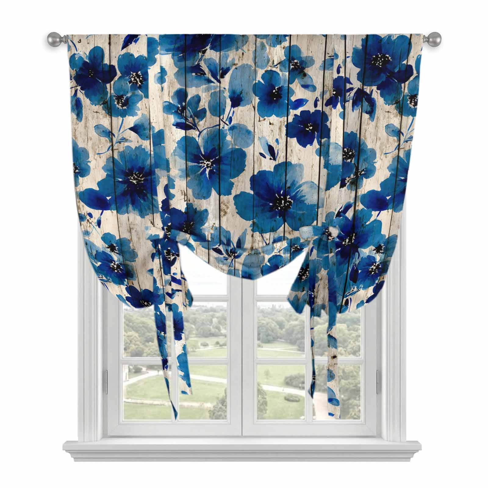 Blue Flowers Tie Up Curtains for Window, Thermal Insulated Balloon ...