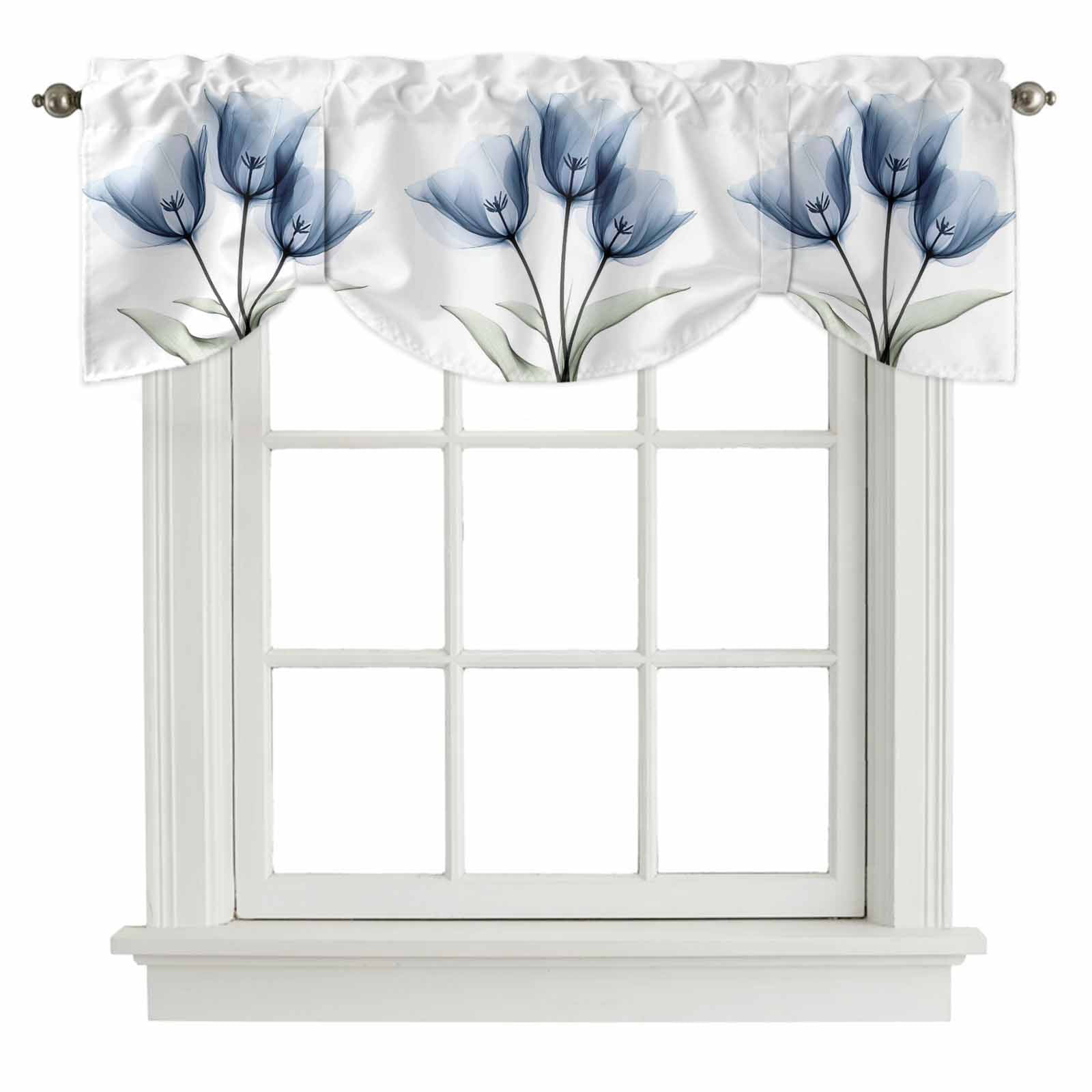 Blue Flowers Tie Up Valance Curtains Spring Vintage Country Watercolor ...