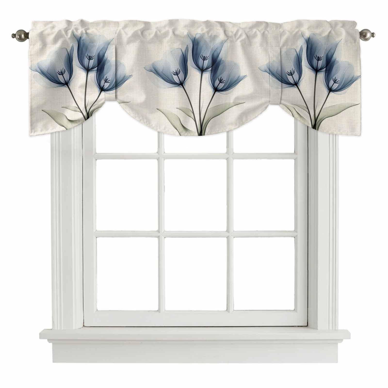 Blue Flowers Tie Up Valance Curtains Spring Vintage Country Watercolor ...