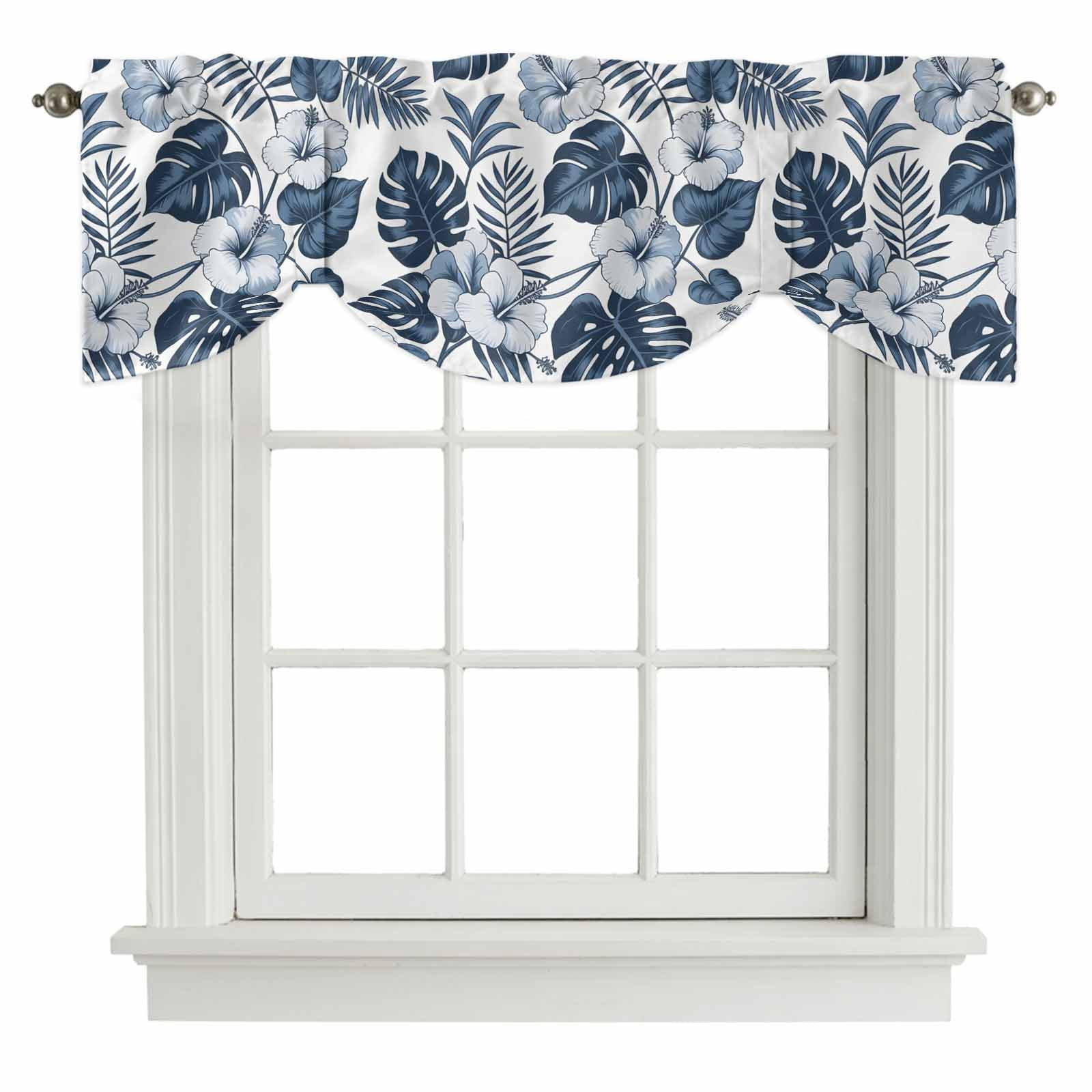 Blue Flowers Tie Up Valance Curtains Tropical Plant Leaf Palm Twigs ...