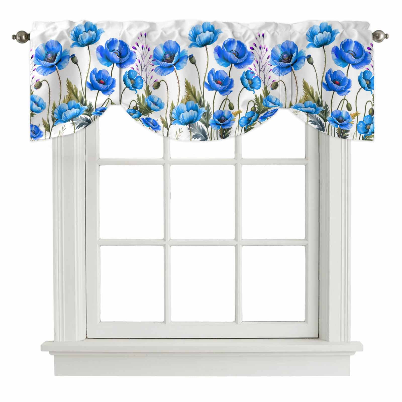Blue Flowers Tie Up Valance Curtains for Windows, Kitchen Curtains ...