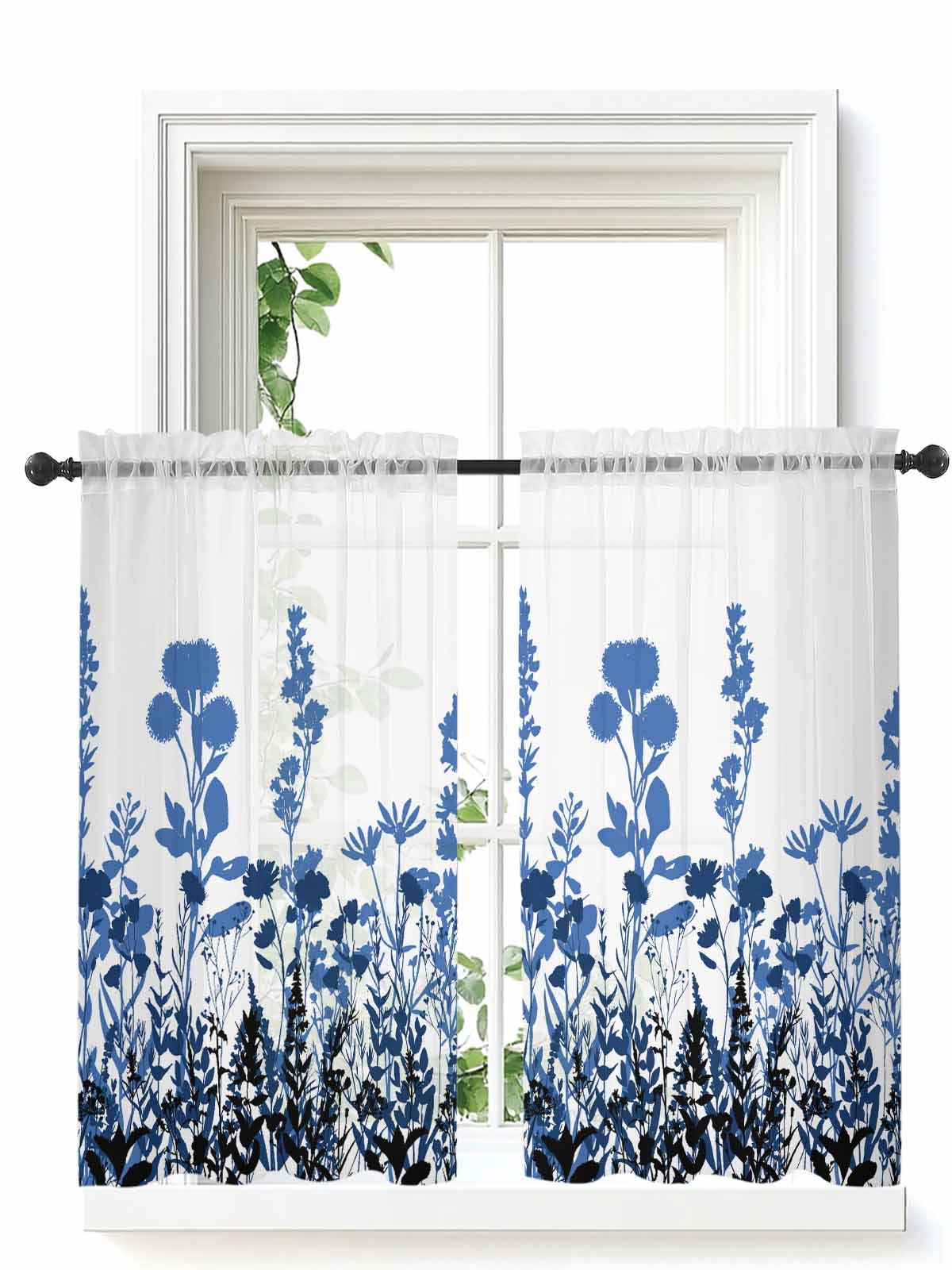 Blue Flowers Tier Curtains 45 Inch Length,Sheer Curtains for Bedroom ...