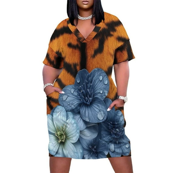 Blue Flowers Tiger Stripes Background Loose Pocket Dress Dresses Summer ...