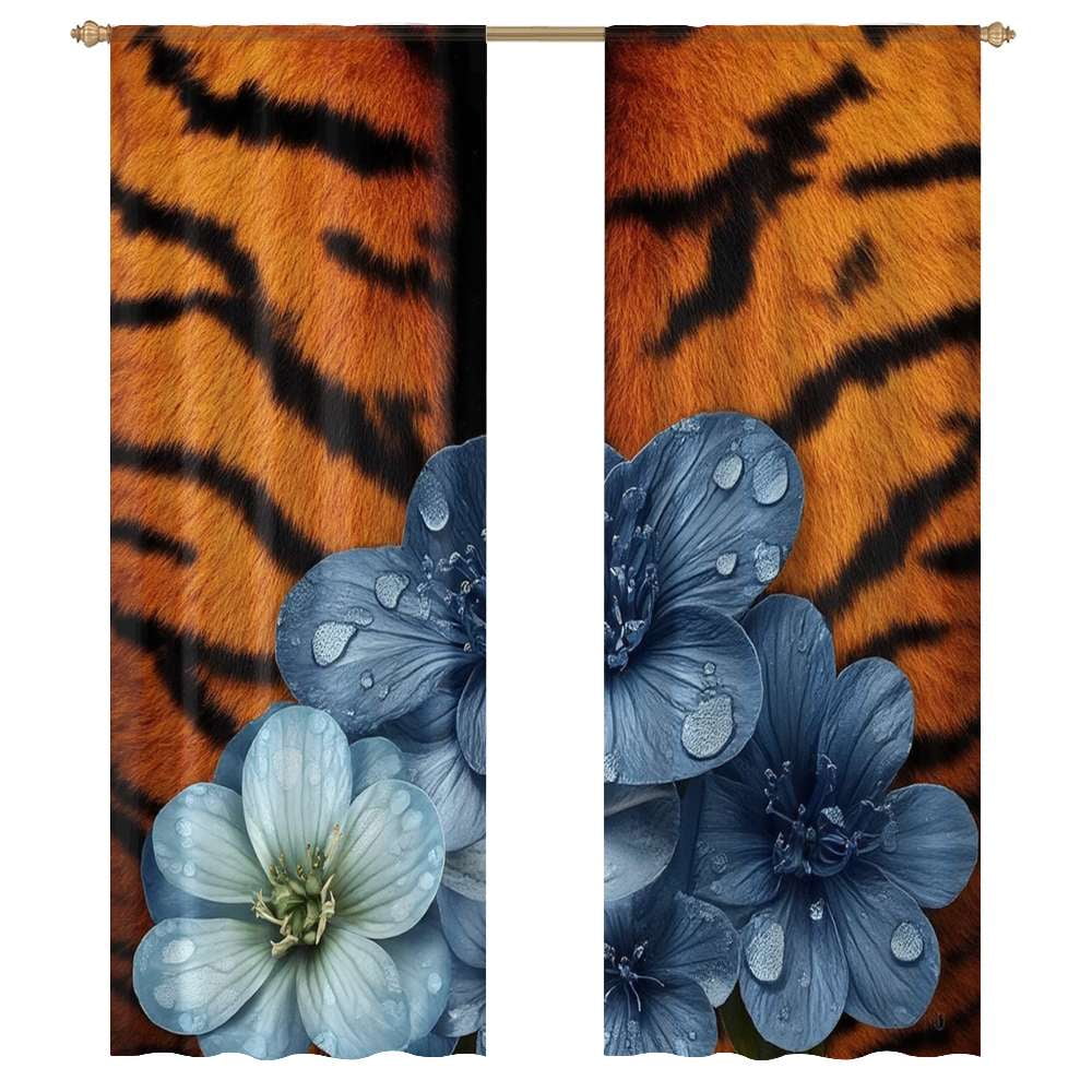 Blue Flowers Tiger Stripes Background Sheer Voile Curtain Window Tulle ...