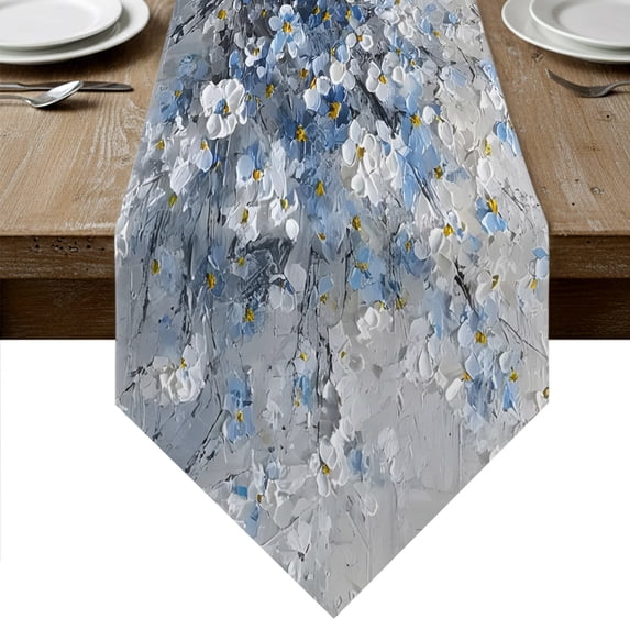 Blue Flowers Tree Table Runner Linen Burlap Table Runner 120 Inches ...
