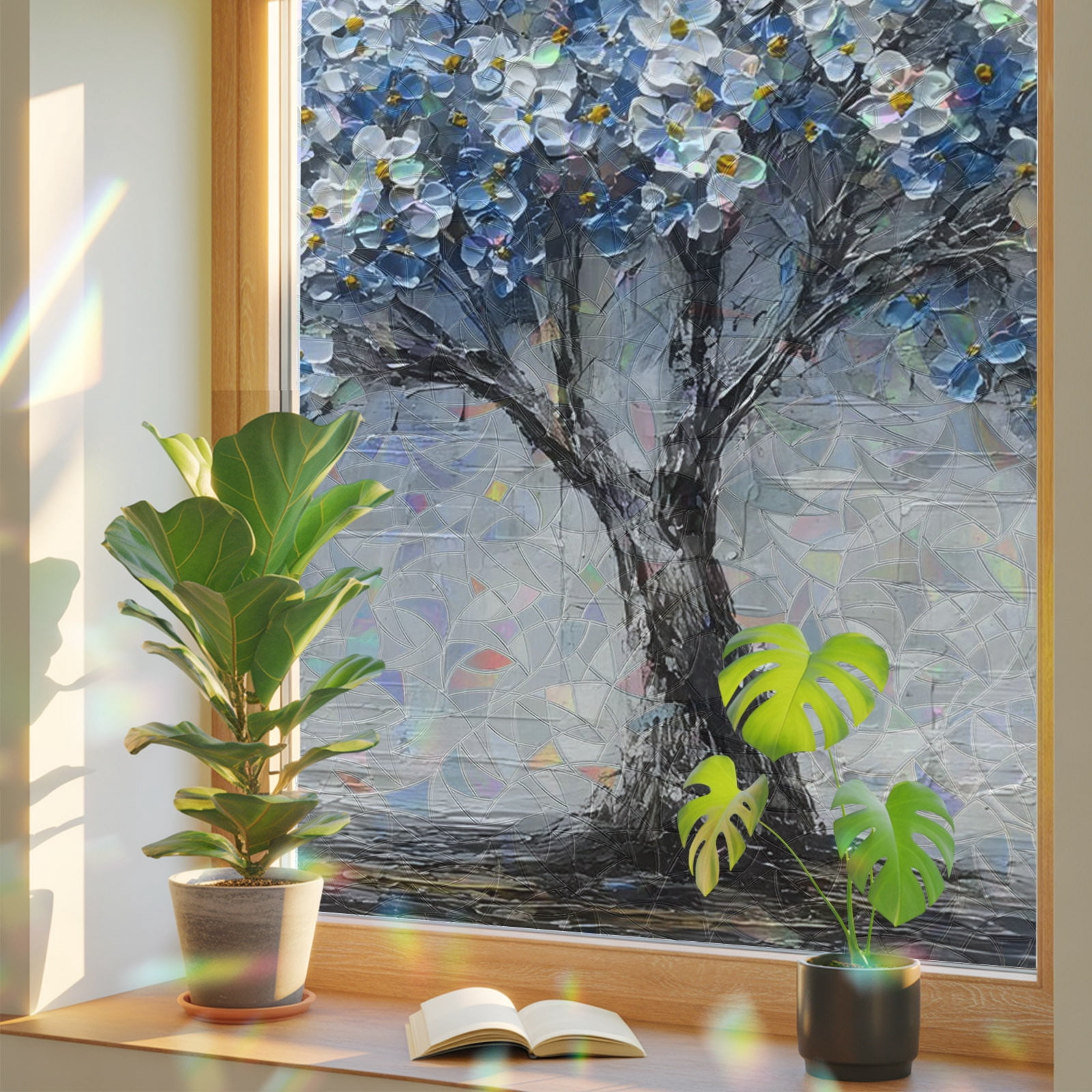 Blue Flowers Tree Window Privacy Film Rainbow Static Cling Stain Glass ...