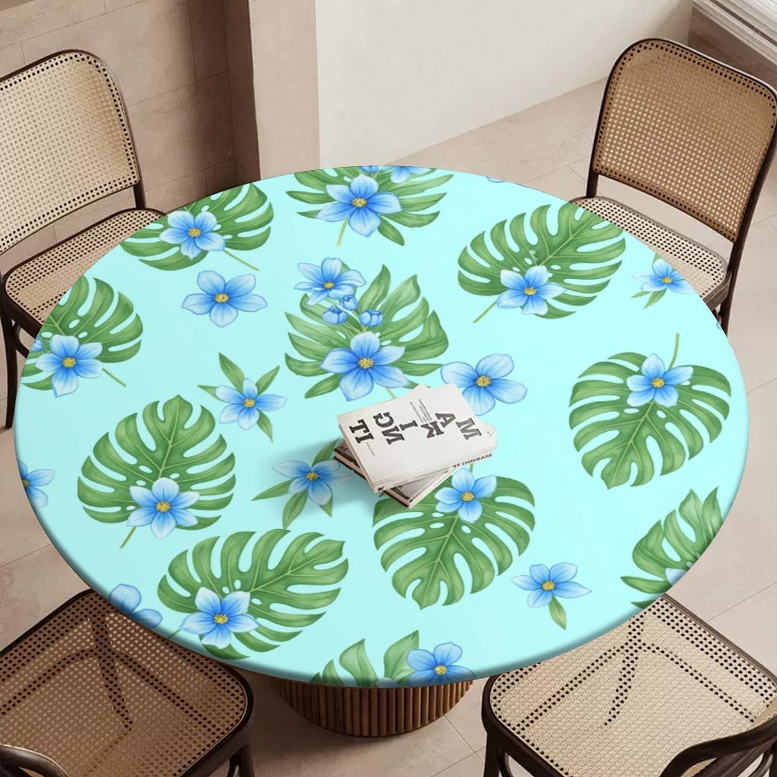 Blue Flowers Tropical Leaves Pattern Round Table Cover Kitchen Printed ...