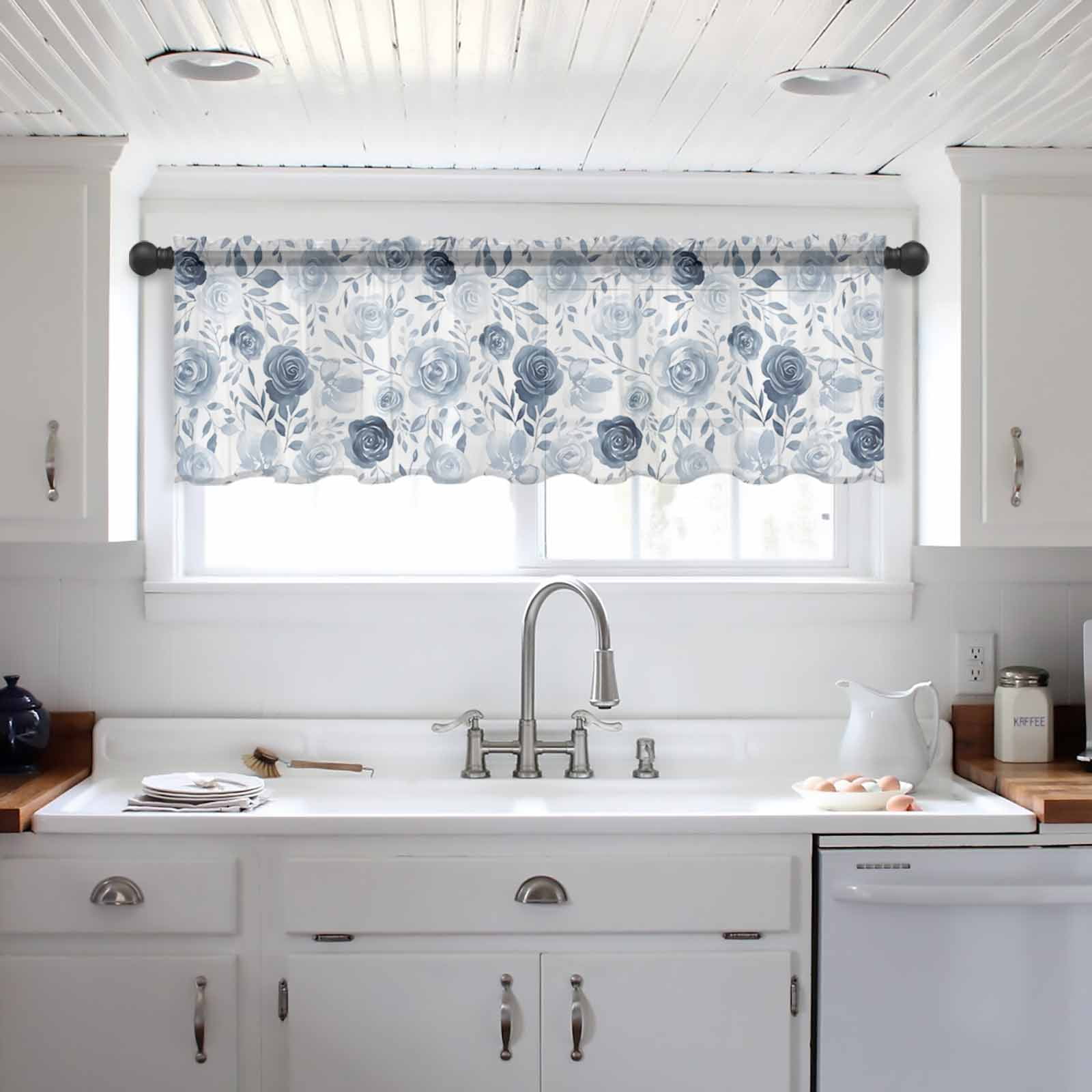 Blue Flowers Valance Curtains for Kitchen/Living Room/Bathroom/Bedroom ...