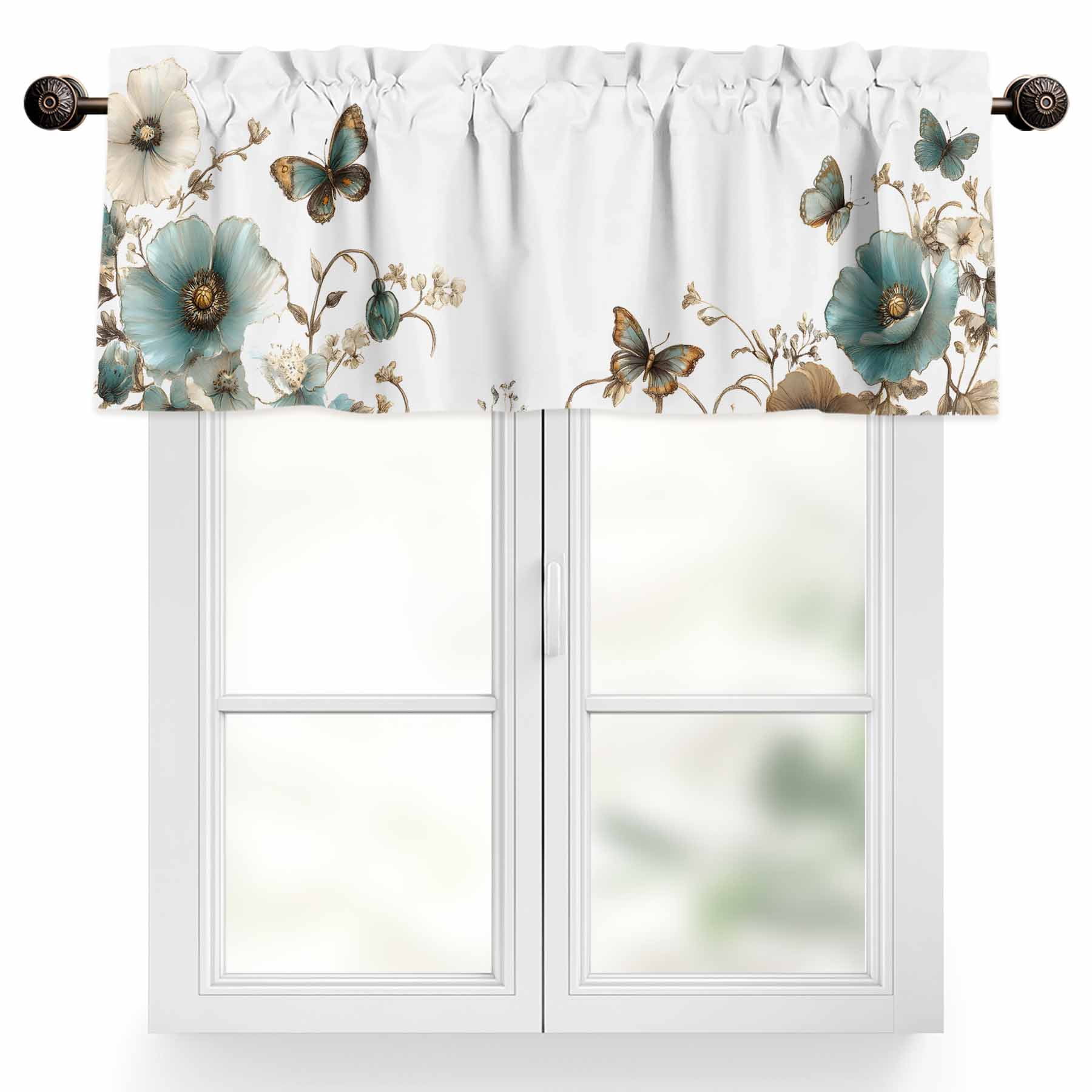 Blue Flowers Valances for Windows, 42 x 12in, Butterfly Watercolor ...