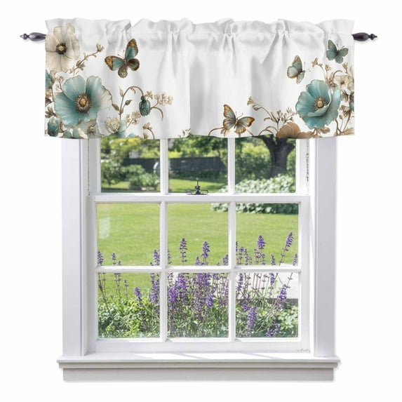 Blue Flowers Valances for Windows, Butterfly Watercolor Floral Valance ...