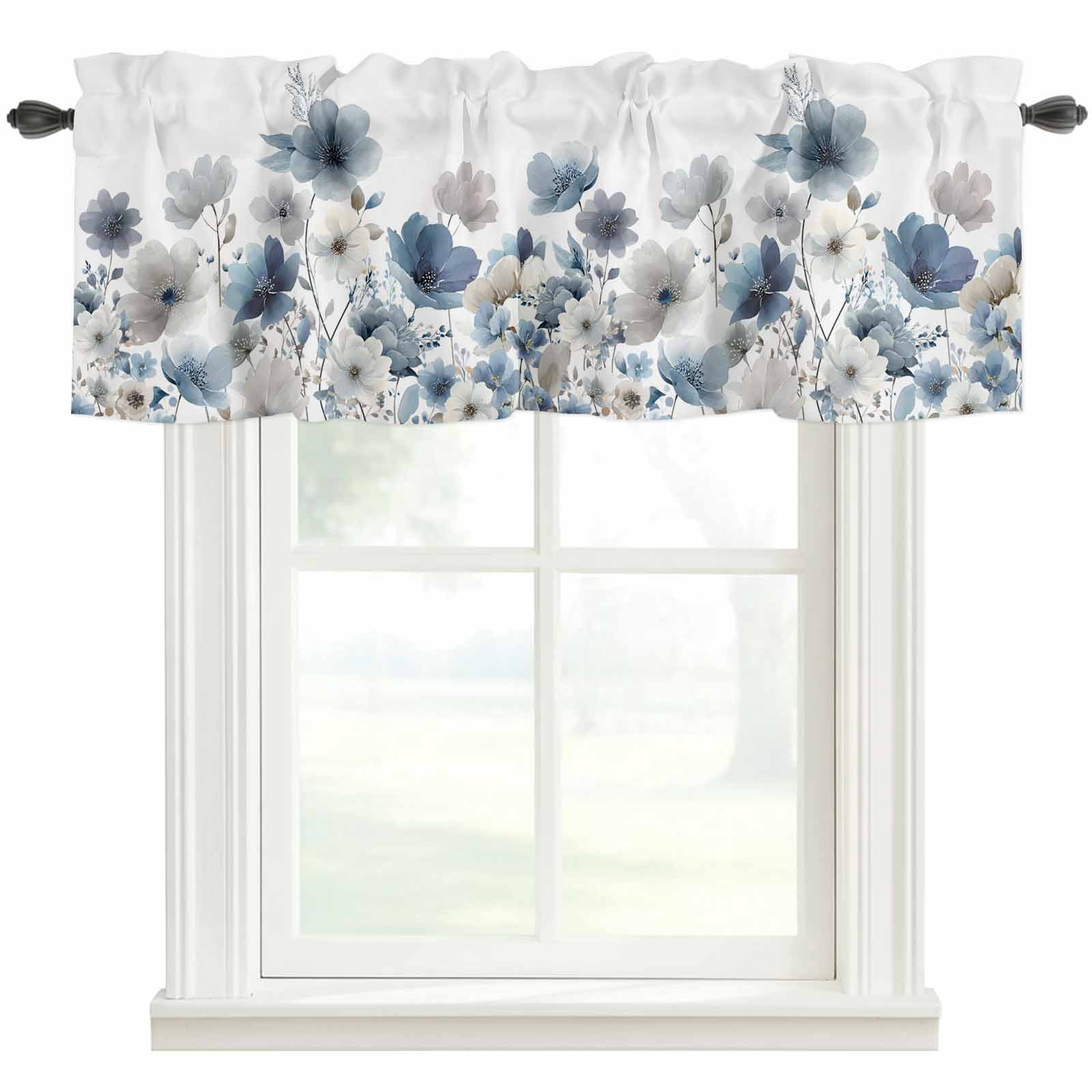 Blue Flowers Valances for Windows Country Watercolor Blue Grey Floral ...