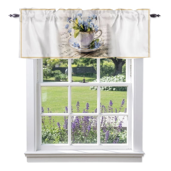 Blue Flowers Valances for Windows, Tea Cups Spring Plant Musicals ...