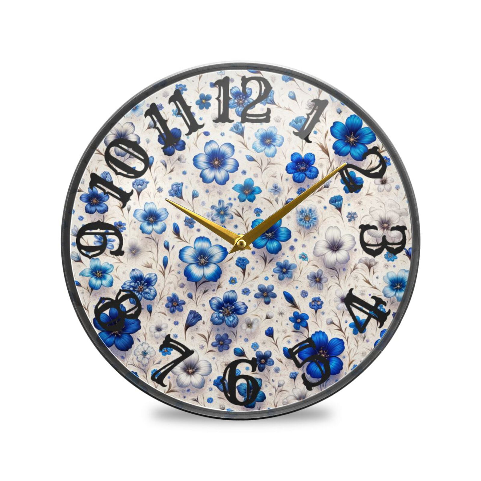 Blue Flowers Wall Clock 12 Inch Silent Non Ticking Battery Operated ...
